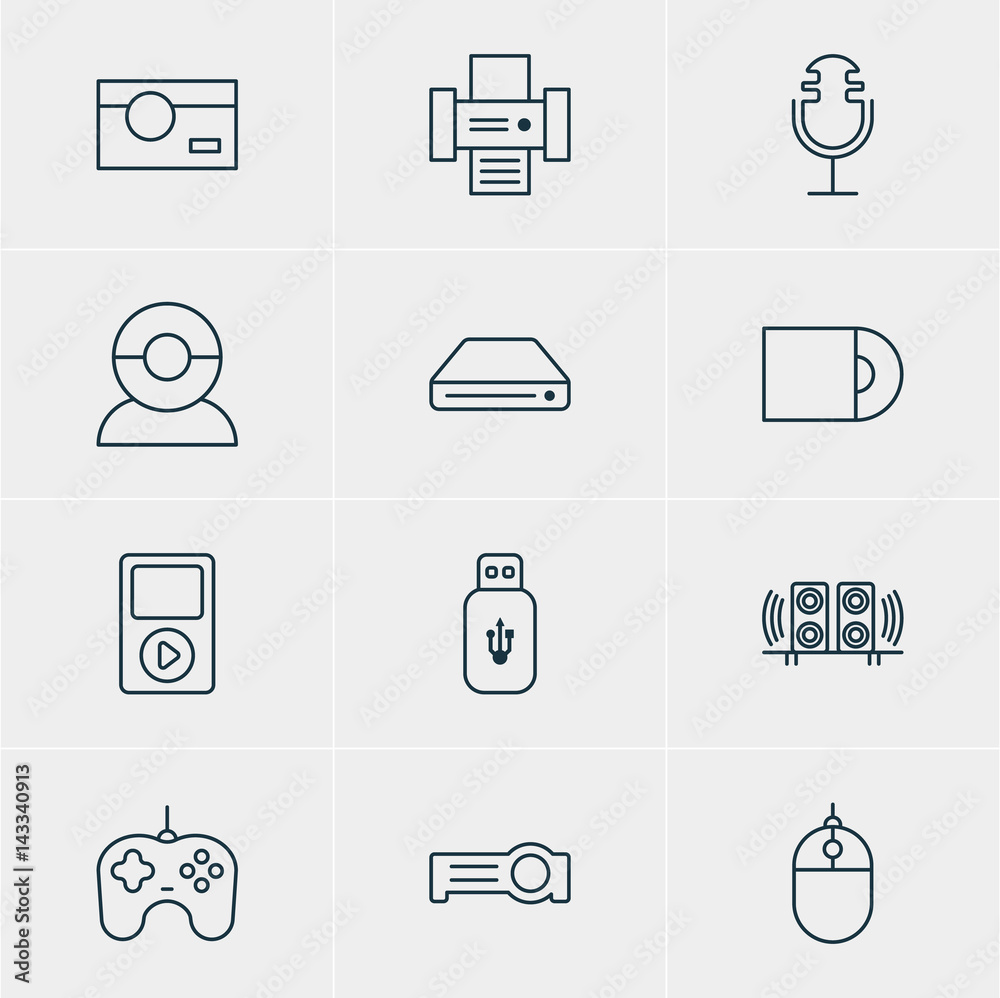 Vector Illustration Of 12 Hardware Icons. Editable Pack Of Dvd Drive ...