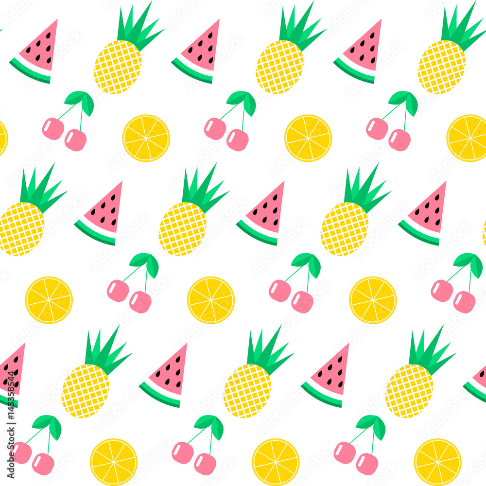 Seamless pattern with watermelon, pineapple, cherry and orange on white ...