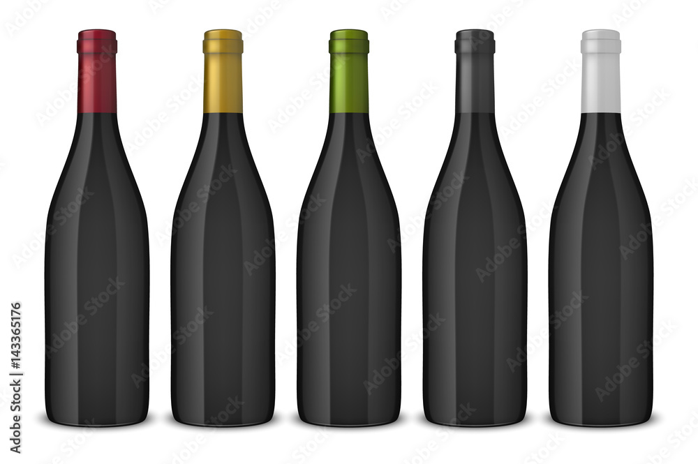 5 realistic vector black wine bottles without labels isolated on white ...