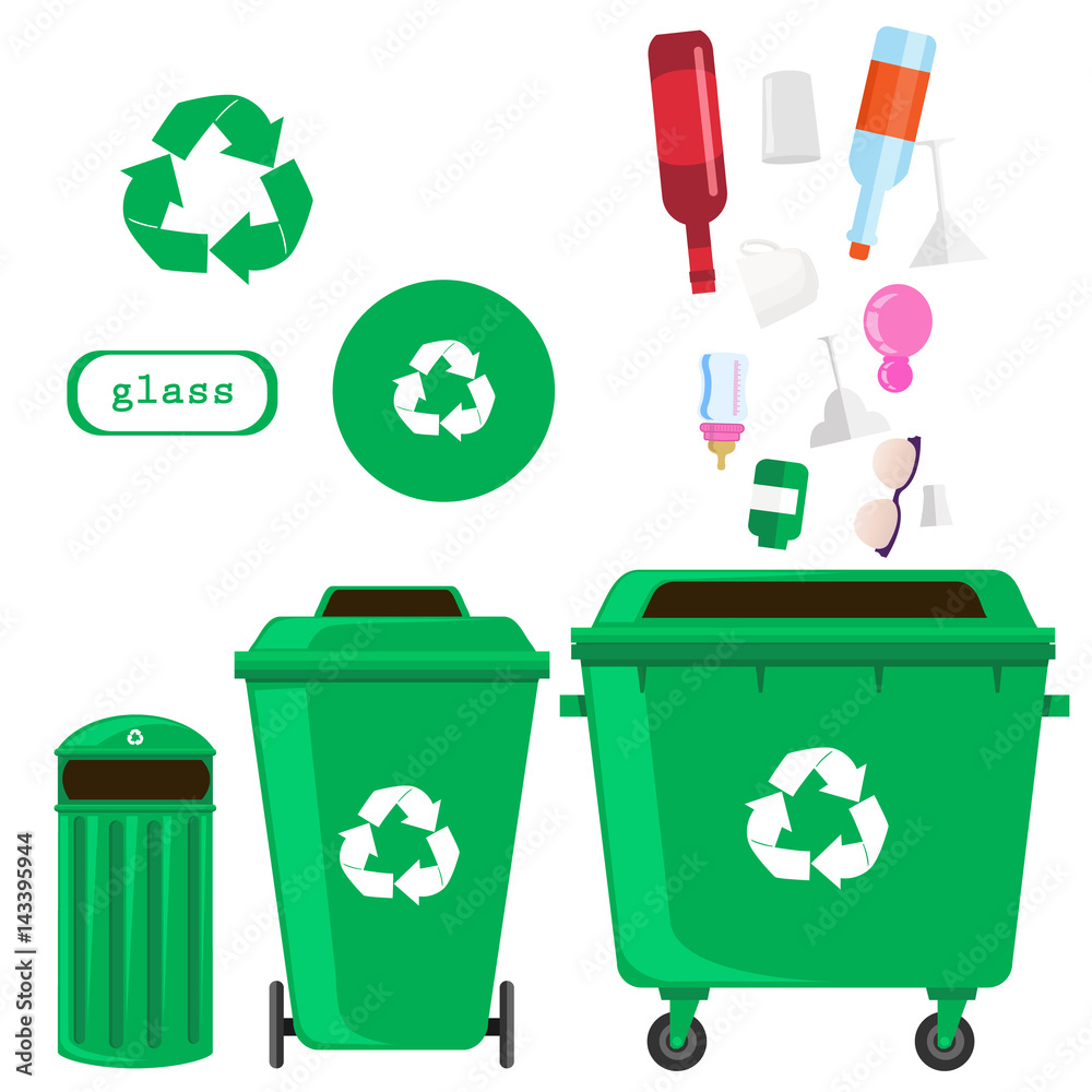 sorting of waste and recycling -glass. Symbols, types.Sorting garbage ...