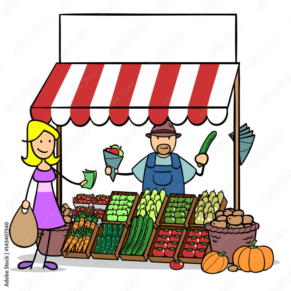 Frau kauft Obst und Gemüse auf dem Markt Stock Illustration | Adobe Stock