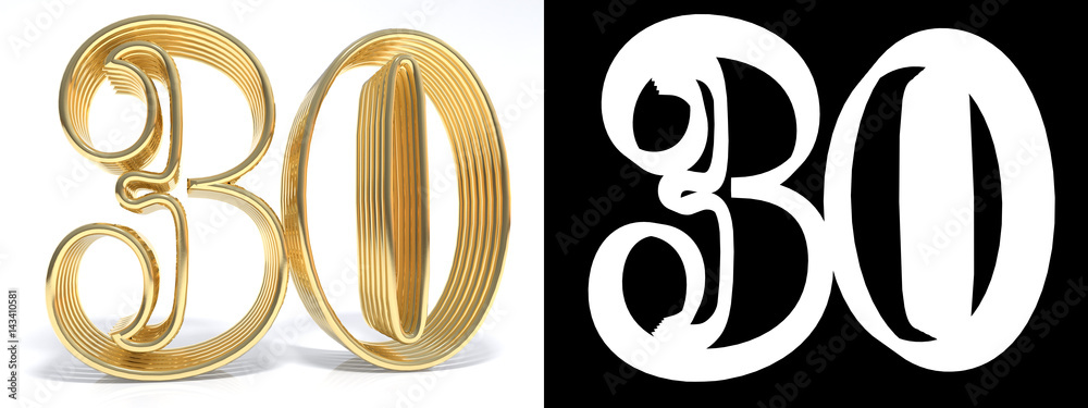 Golden number thirty on white background with drop shadow and alpha ...