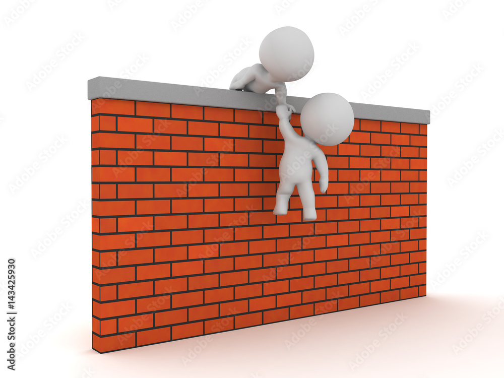 3D Character helping succesfully another one get over a wall Stock ...