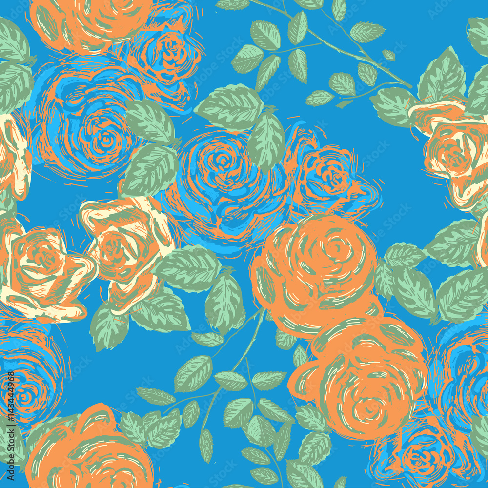 Yellow roses on a blue background. Seamless floral vector pattern ...