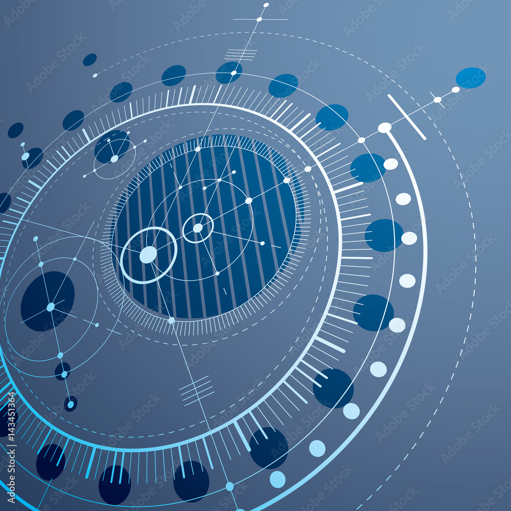 Technical drawing made using dashed lines and geometric circles. Blue ...