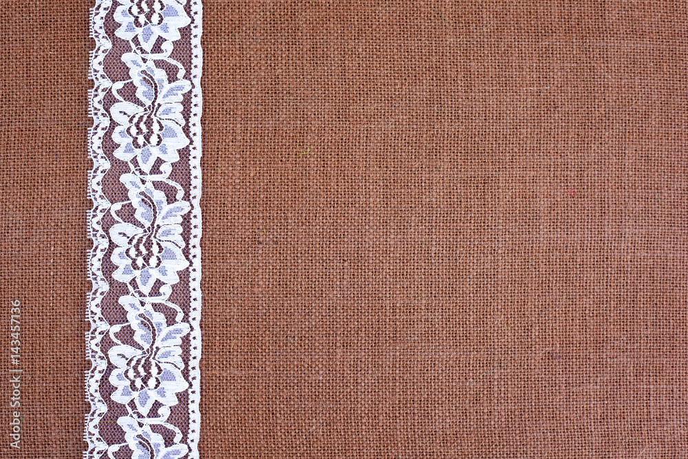 background - brown color burlap hessian with white lace border Stock ...