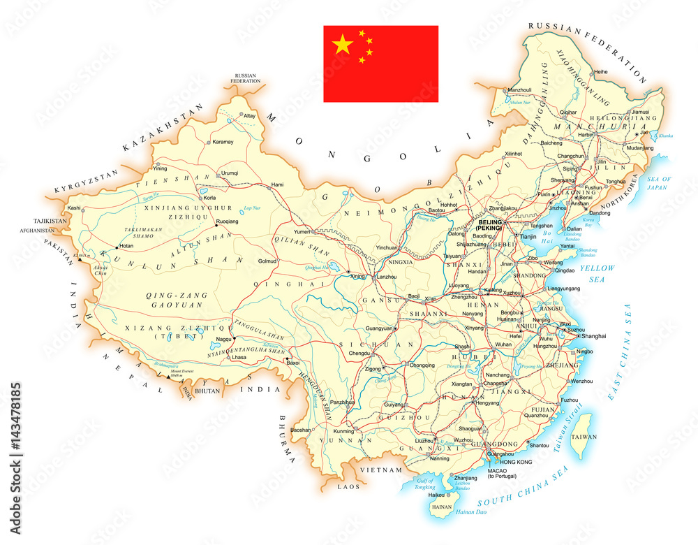 China - large detailed road topographic map Stock Vector | Adobe Stock