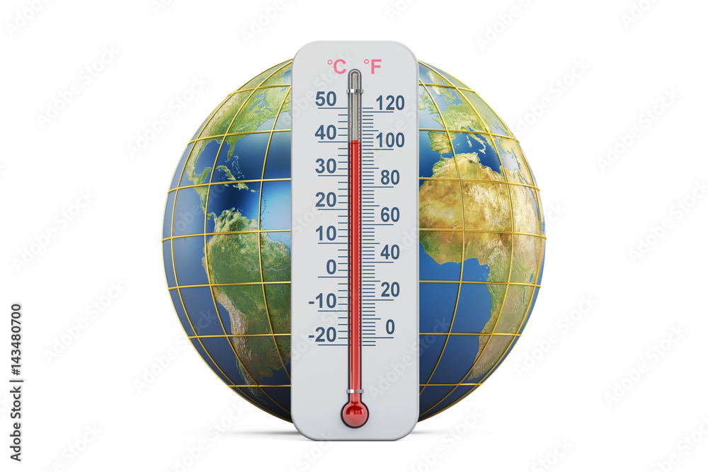Global warming concept. Thermometer with Earth globe, 3D rendering ...