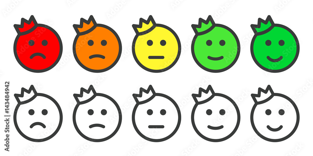 Emoji icons, emoticons with crown for rate of satisfaction level. Five ...