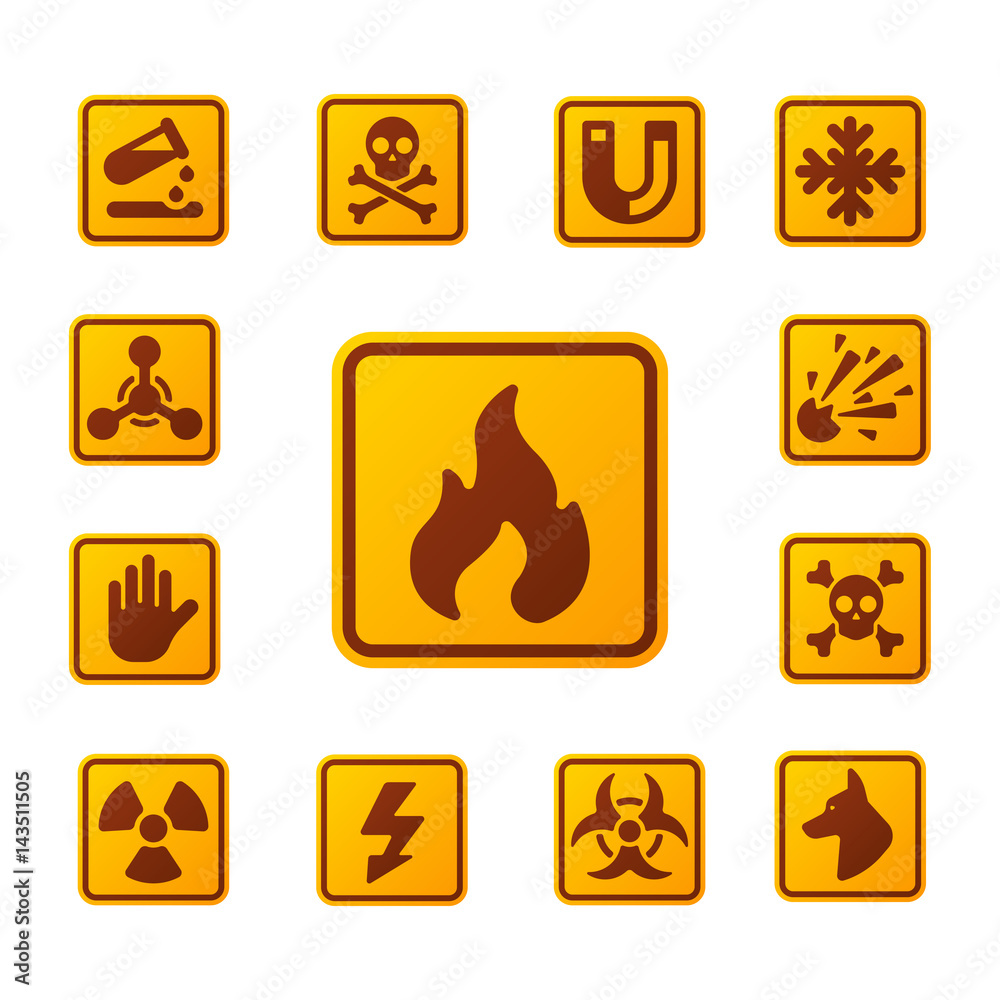 Prohibition signs set industry production vector yellow red warning ...