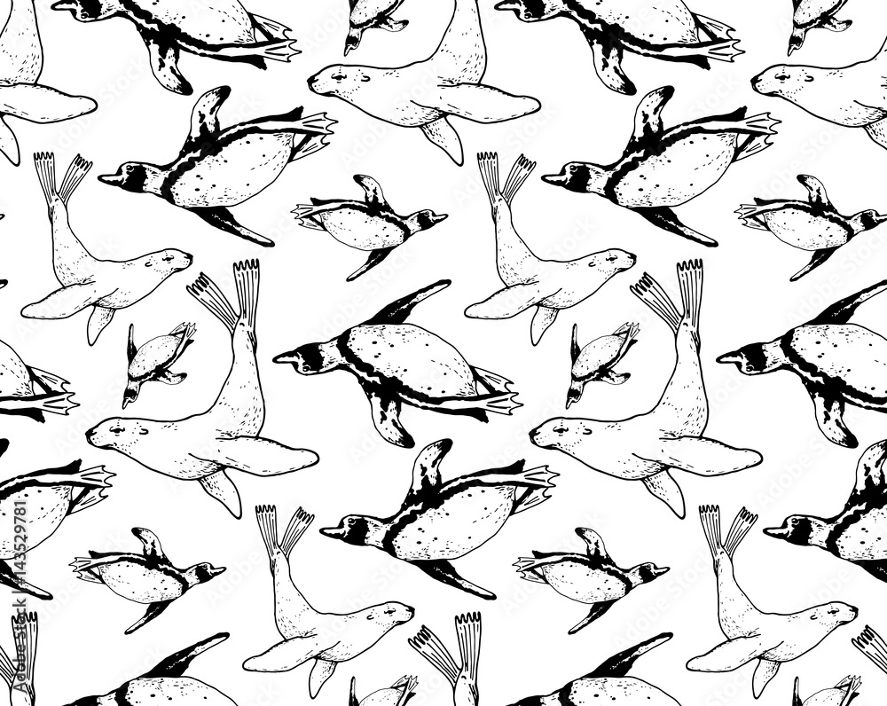 seamless pattern with hand drawn arctic animals. nord theme. sea calf ...