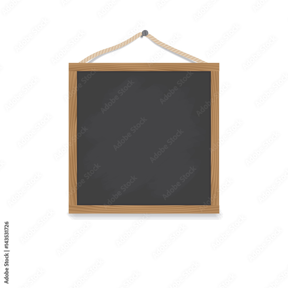 A square wooden chalkboard hangs on a nail on a rope. Board for a menu ...