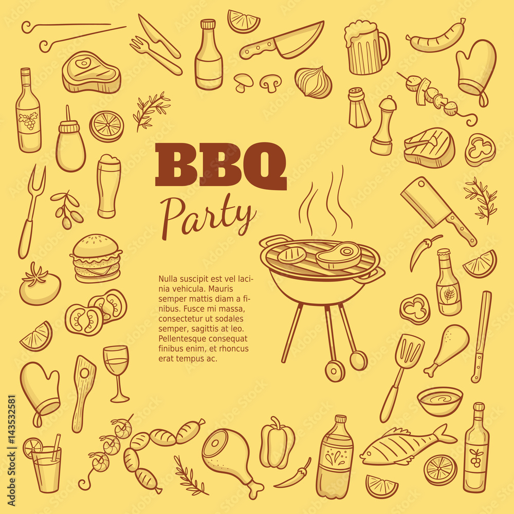 Collection of hand drawn BBQ party elements and a cartoony barbecue ...