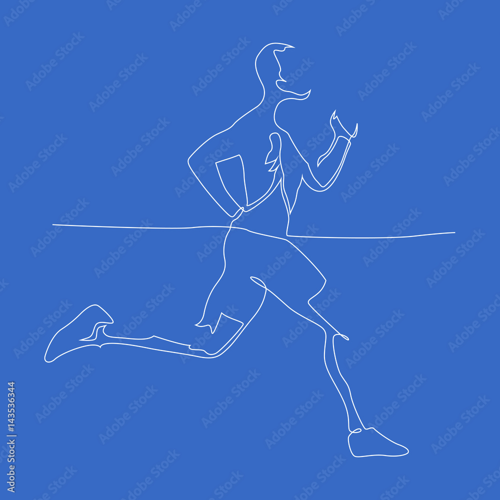 Running man, vector drawing a single stroke. Continuous line art runner ...