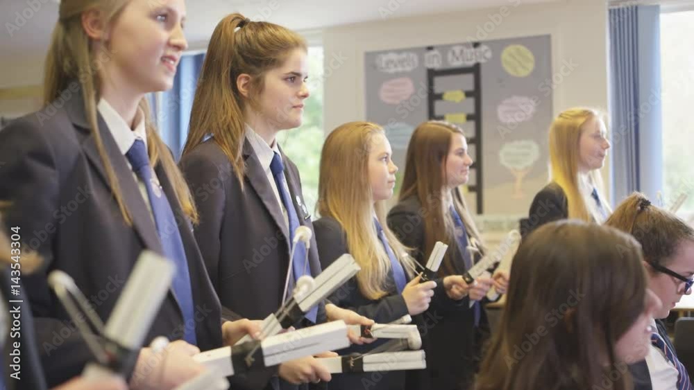 Group of teen girls playing percussion instruments in school music ...