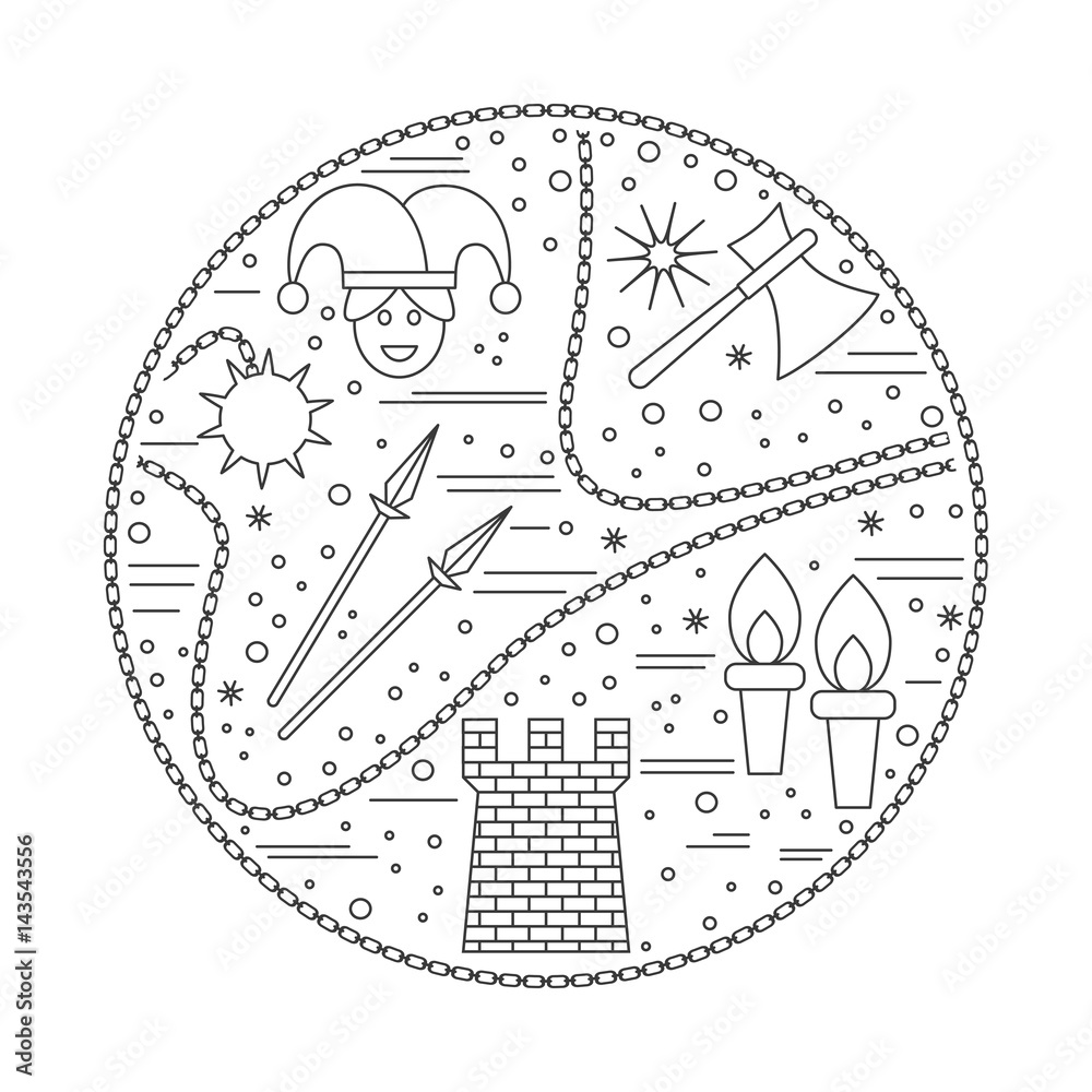 Medieval icons, symbols in round composition. Jester, spears, tower ...