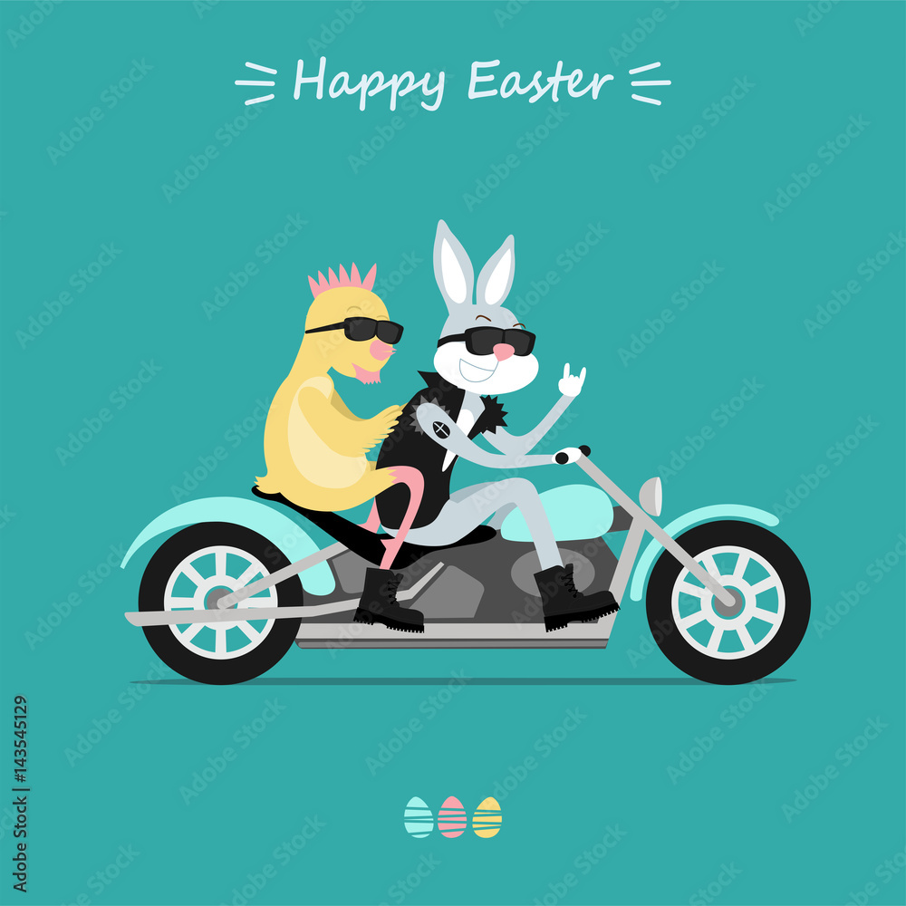 Easter Bunny hipster and Easter chick rocker riding on motorcycle ...