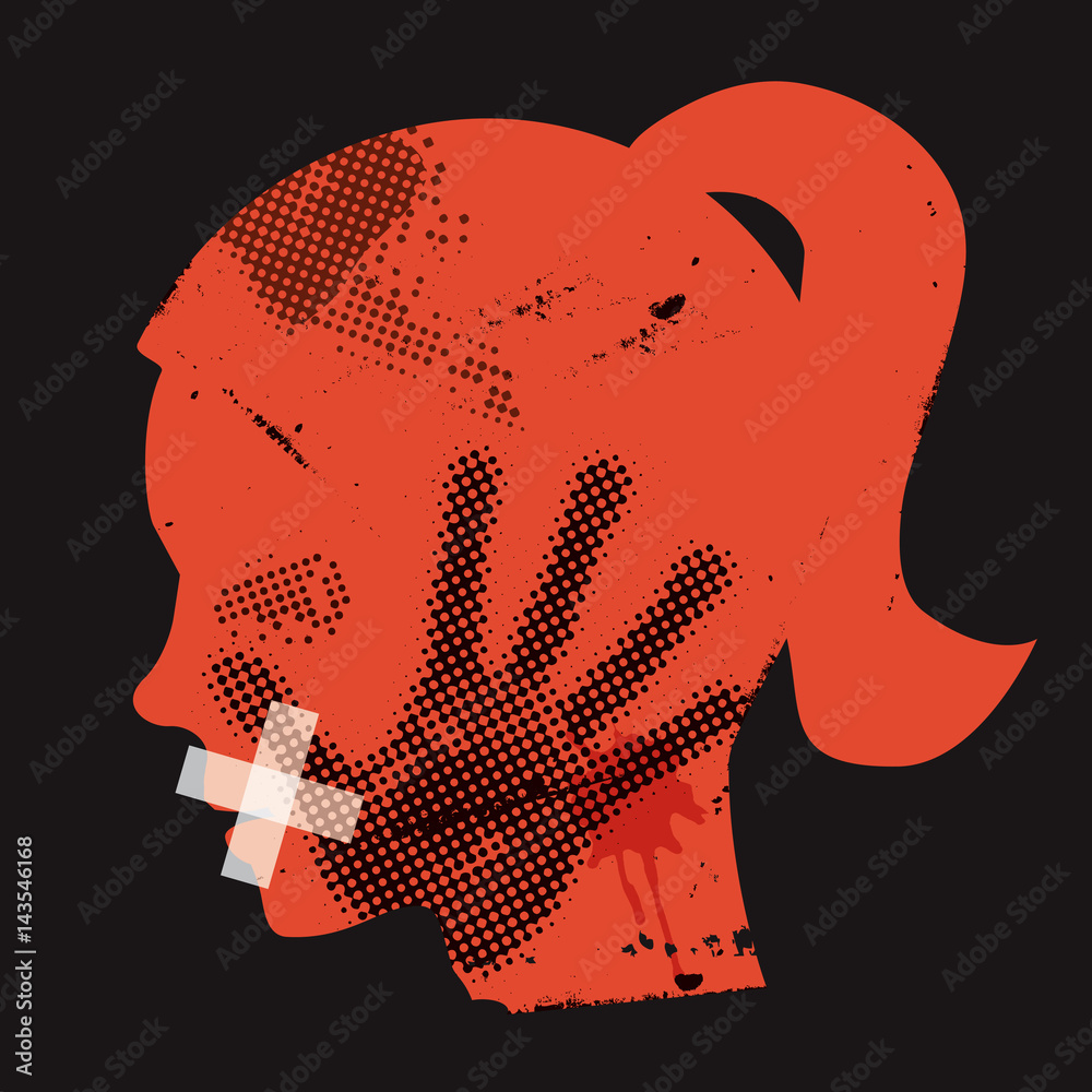 Violence against women. Young woman grunge silhouette with hand print ...