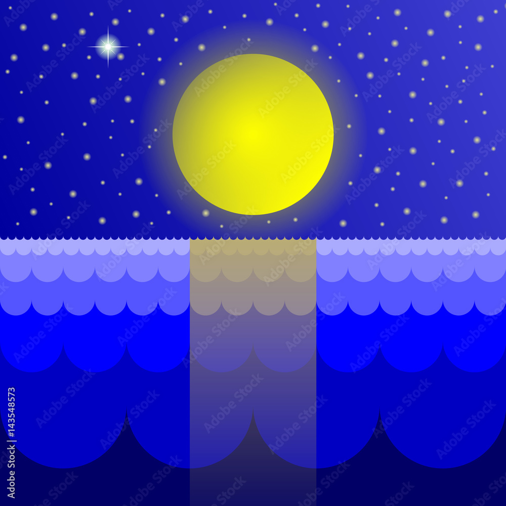 Decorative drawing of the sea and starry sky with a full moon and a ...