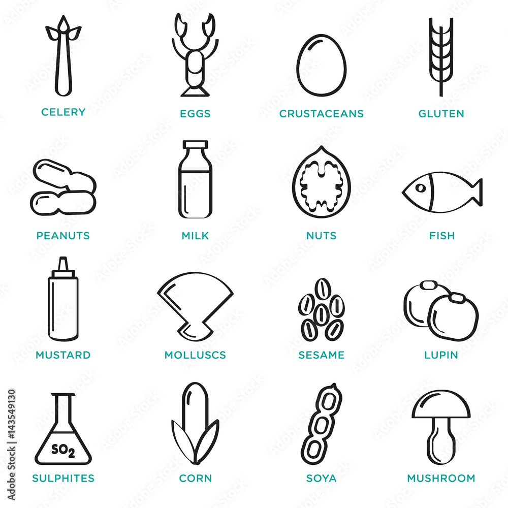 Allergen vector icons set. Food allergens symbols emblems signs ...