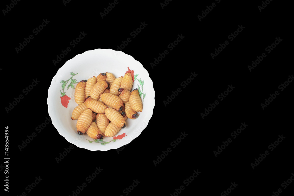 red palm weevil, Sago beetle worm, Fried in cup isolated on black ...