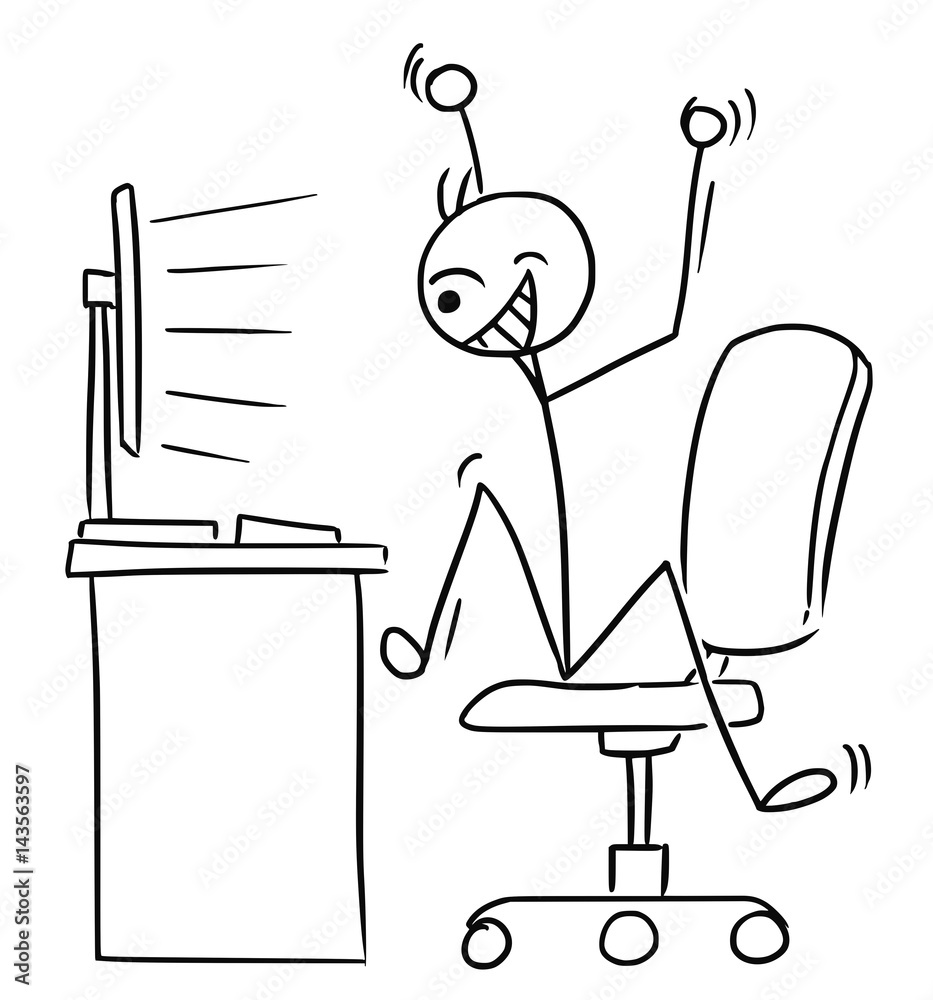 Vector Stick Man Cartoon of Very Happy Man Watching Computer Screen and ...