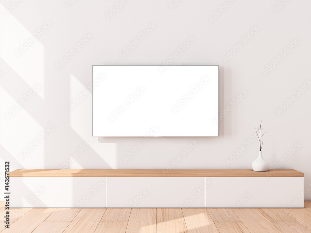 Smart Tv Mockup with white screen hanging on the wall, empty living ...