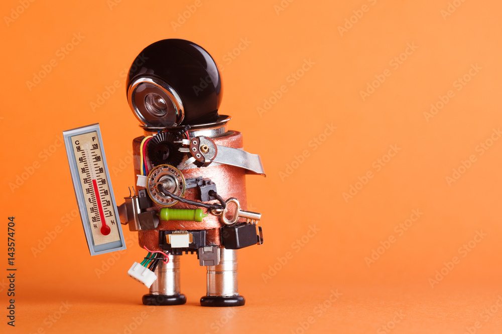 Weather forecaster robot looking thermometer comfort room temperature ...