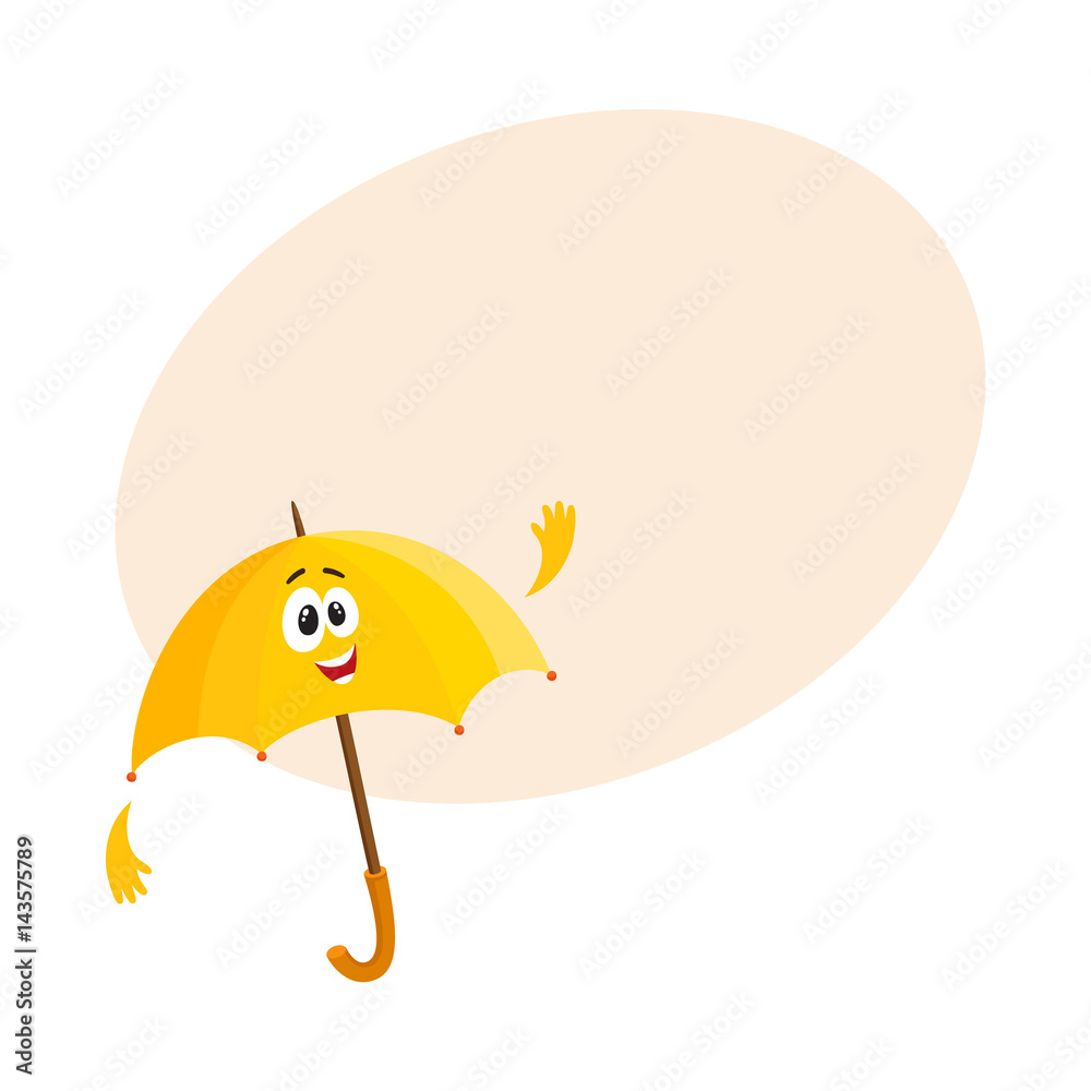 Cute and funny yellow umbrella character with smiling human face waving ...
