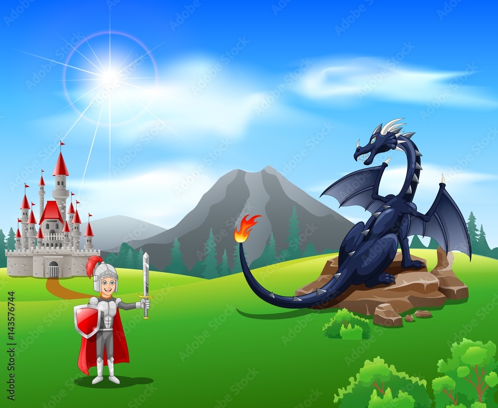 Cartoon knight with fierce dragon. Vector illustration Stock Vector ...