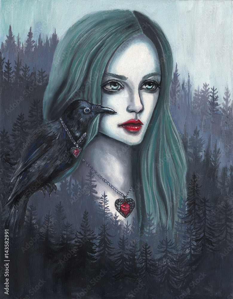 Beautiful girl with a crow on her shoulder. A bird girl. Girl in the ...