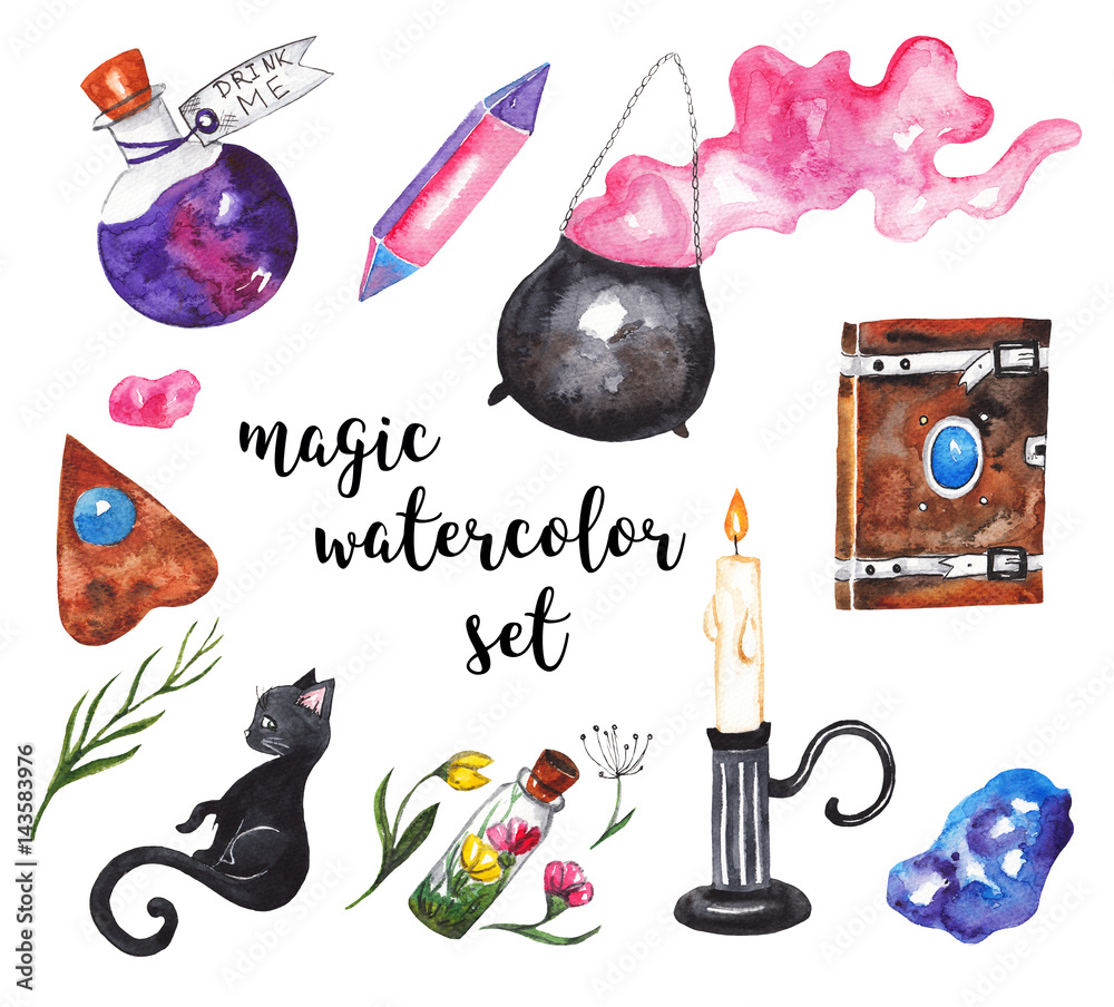 Magic watercolor set. Magic book, potion, cauldron, crystal, magic ...