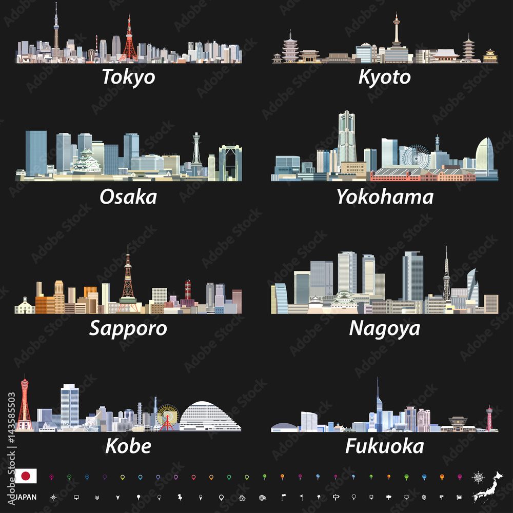 Japanese cities skylines vector illustrations. Flag and map of Japan ...