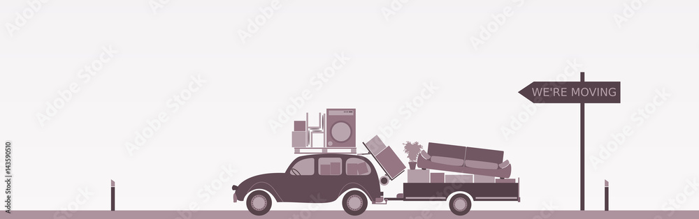 Relocation. Car with trailer and furniture. Sign : We’re moving. Stock ...
