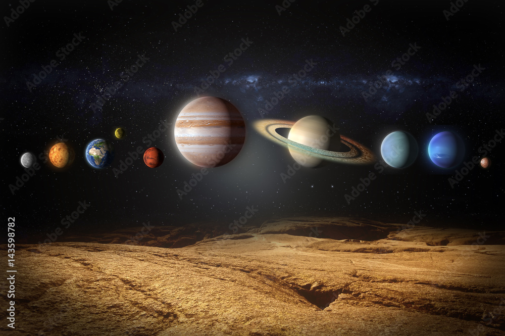 planets of the solar system aligned view from rocky planet Stock ...
