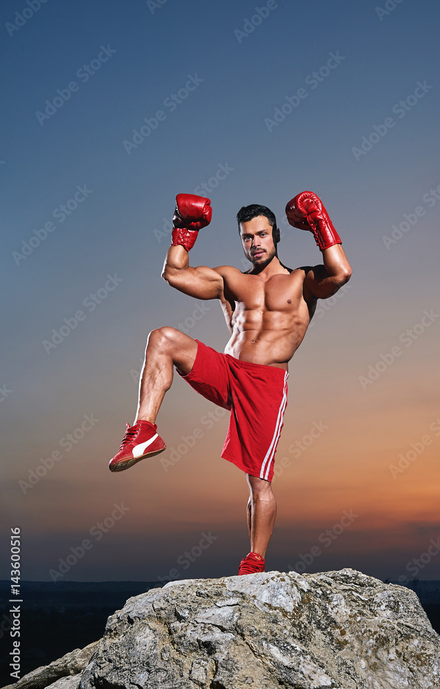 Vertical full length shot of a strong muscular male boxer posing ...
