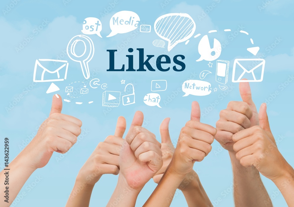 Many hands thumbs up with Likes text with drawings graphics Stock Photo ...