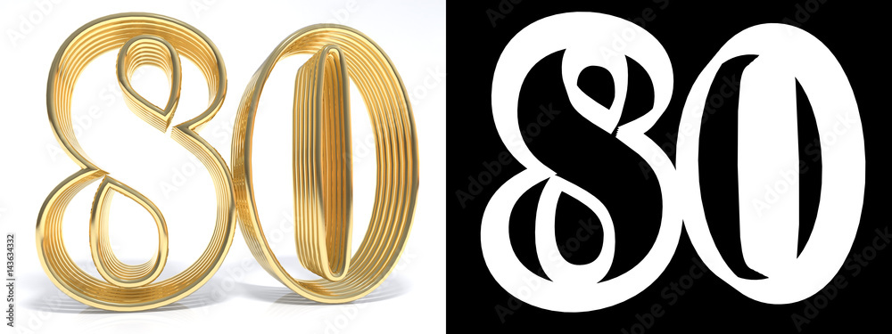 Golden number eighty on white background with drop shadow and alpha ...