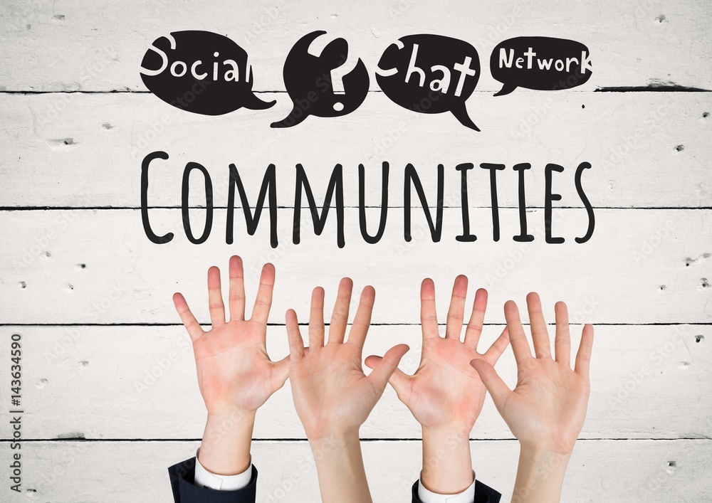 Many hands reaching with Communites text with drawings graphics Stock ...