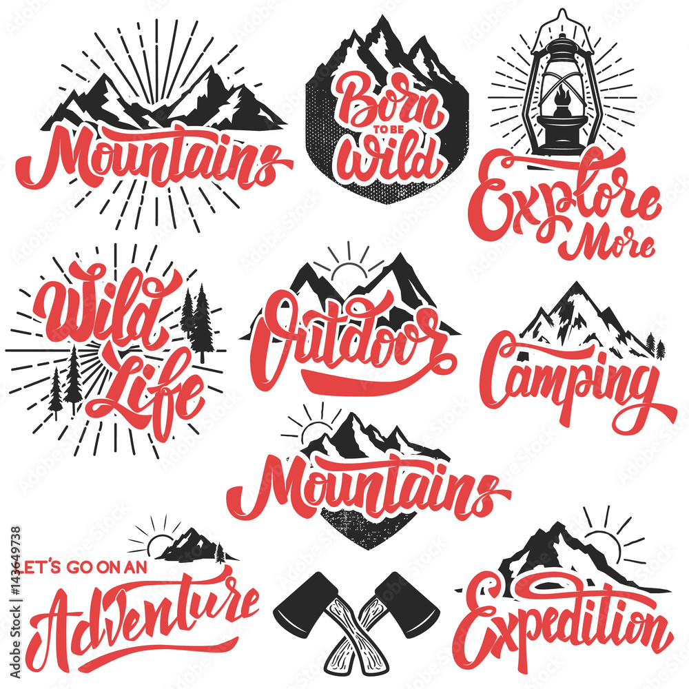 hiking, mountain exploration emblems. Handwritten lettering logo, label ...