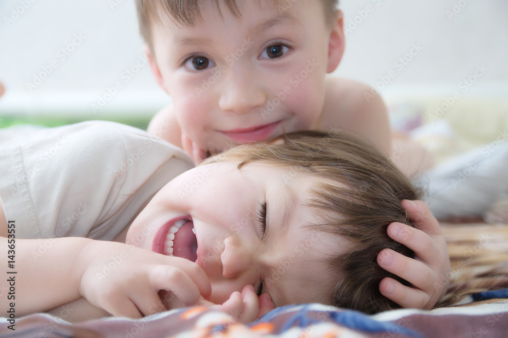 kids laughing, happy children smiling portrait, playing together ...