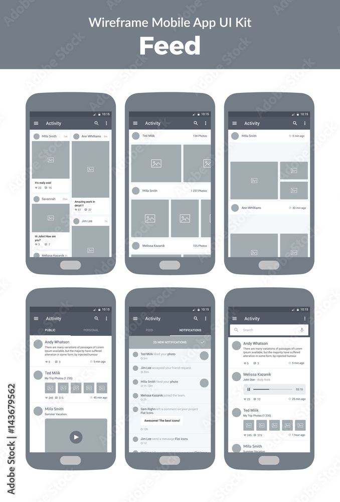 Wireframe kit for mobile phone. Mobile App UI design. Feed, activity ...