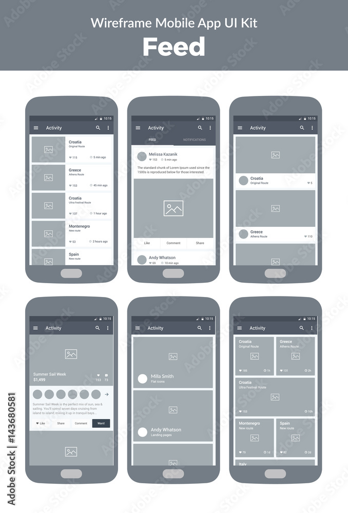 Wireframe kit for mobile phone. Mobile App UI design. Feed, activity ...