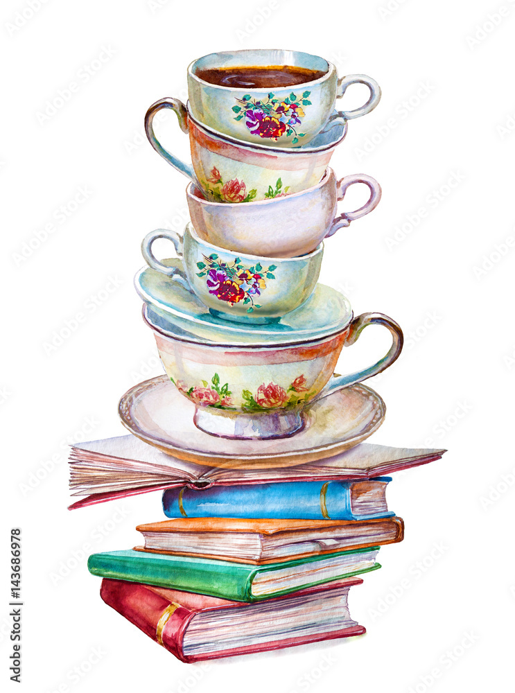 Party colorful tea cups of books closeup. Sketch handmade. Postcard for ...