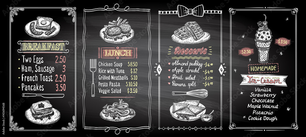 Breakfast, lunch, desserts and ice-cream chalkboard menu template Stock ...