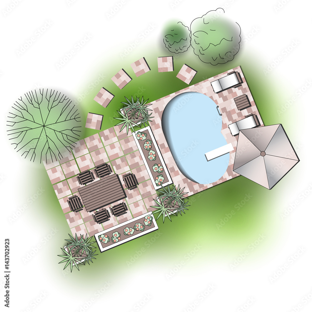 Architectural landscape design illustration with green plants, patio ...