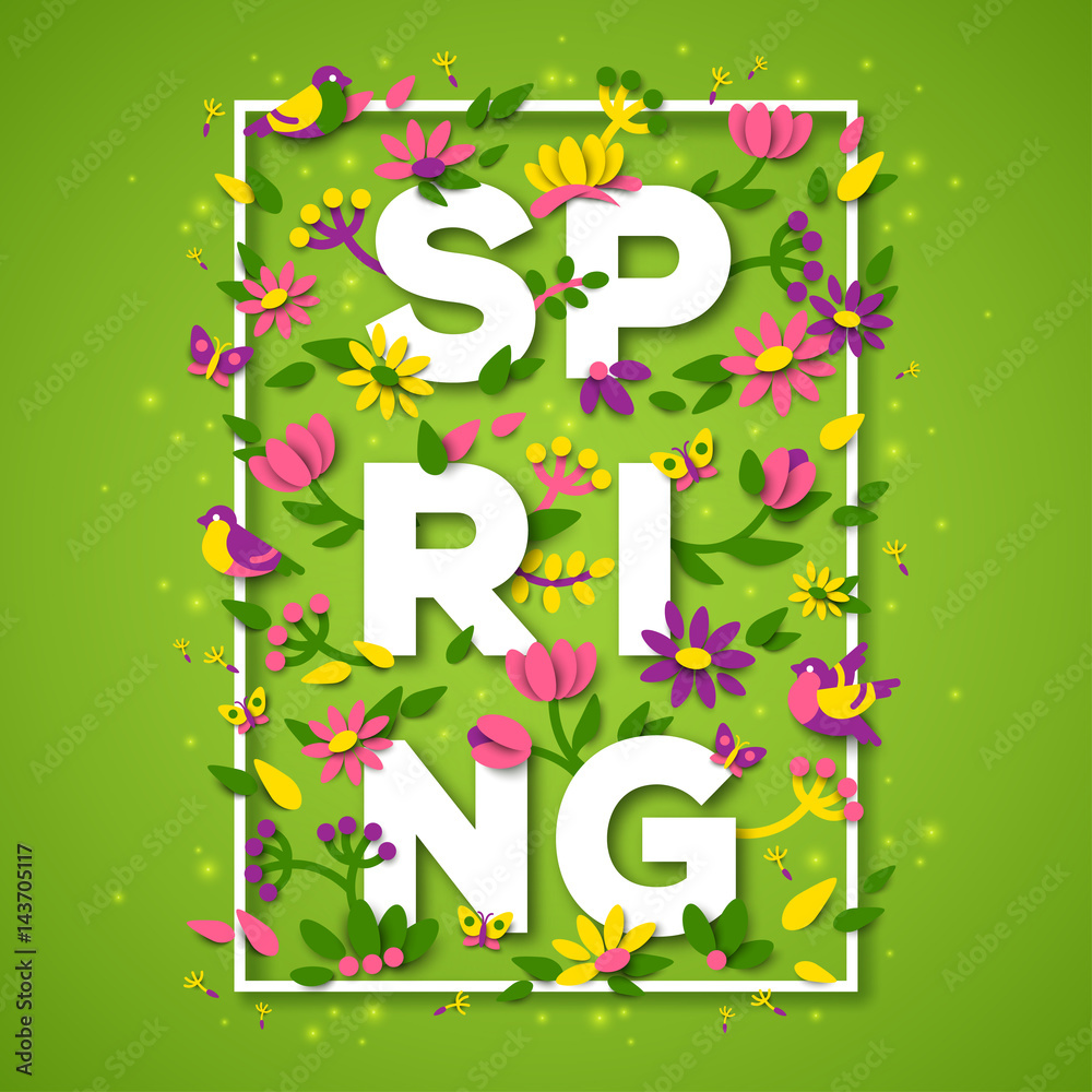 Spring typography design with white paper cut text Stock Vector | Adobe ...