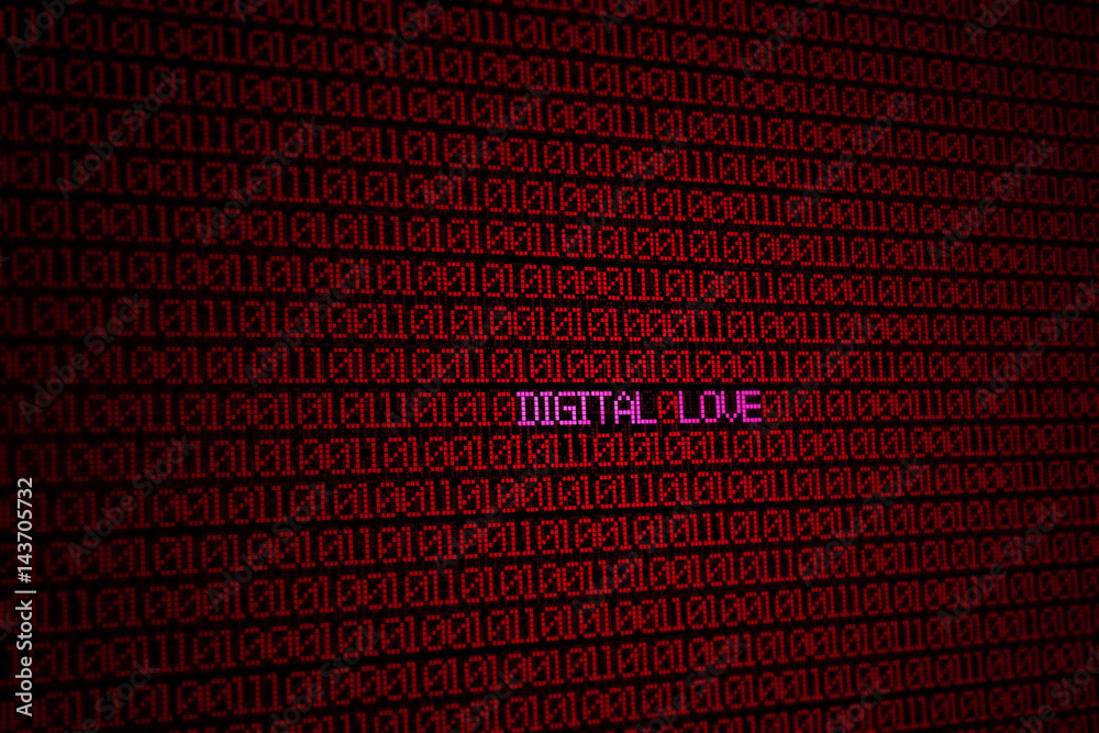 glowing red binary code on screen with words digital love background ...