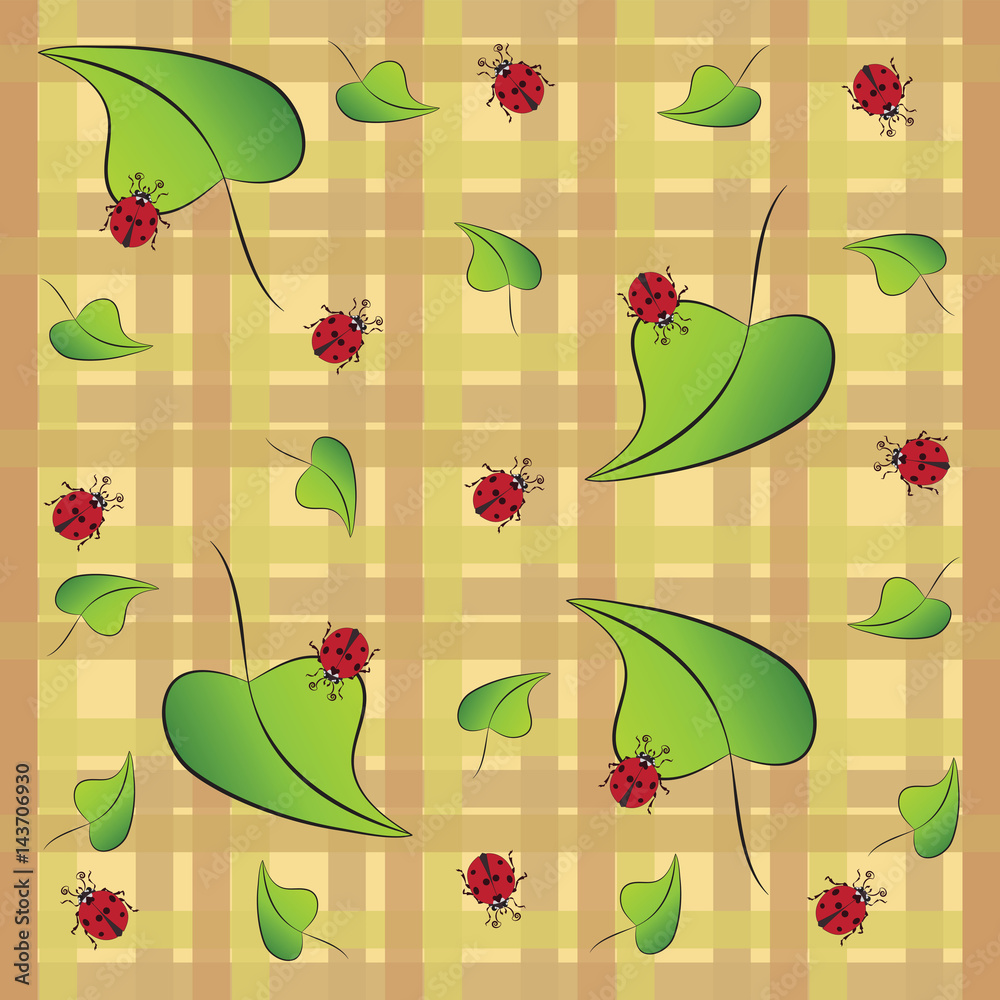 Green leaves and ladybug. The pattern on a plaid background. Stylized ...