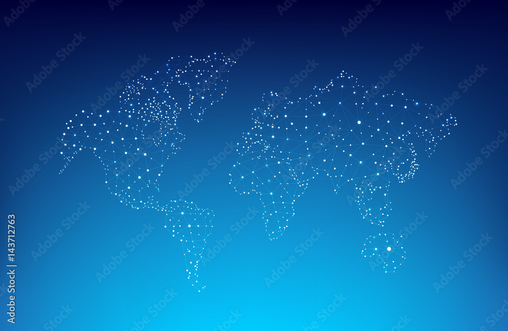 Dotted and connection line world map with lighting effect for network ...